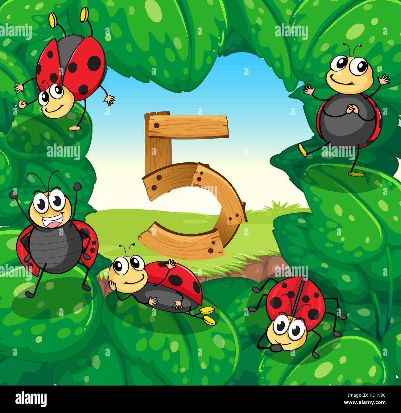 Number five with five ladybugs on leaves illustration Stock Vector ...