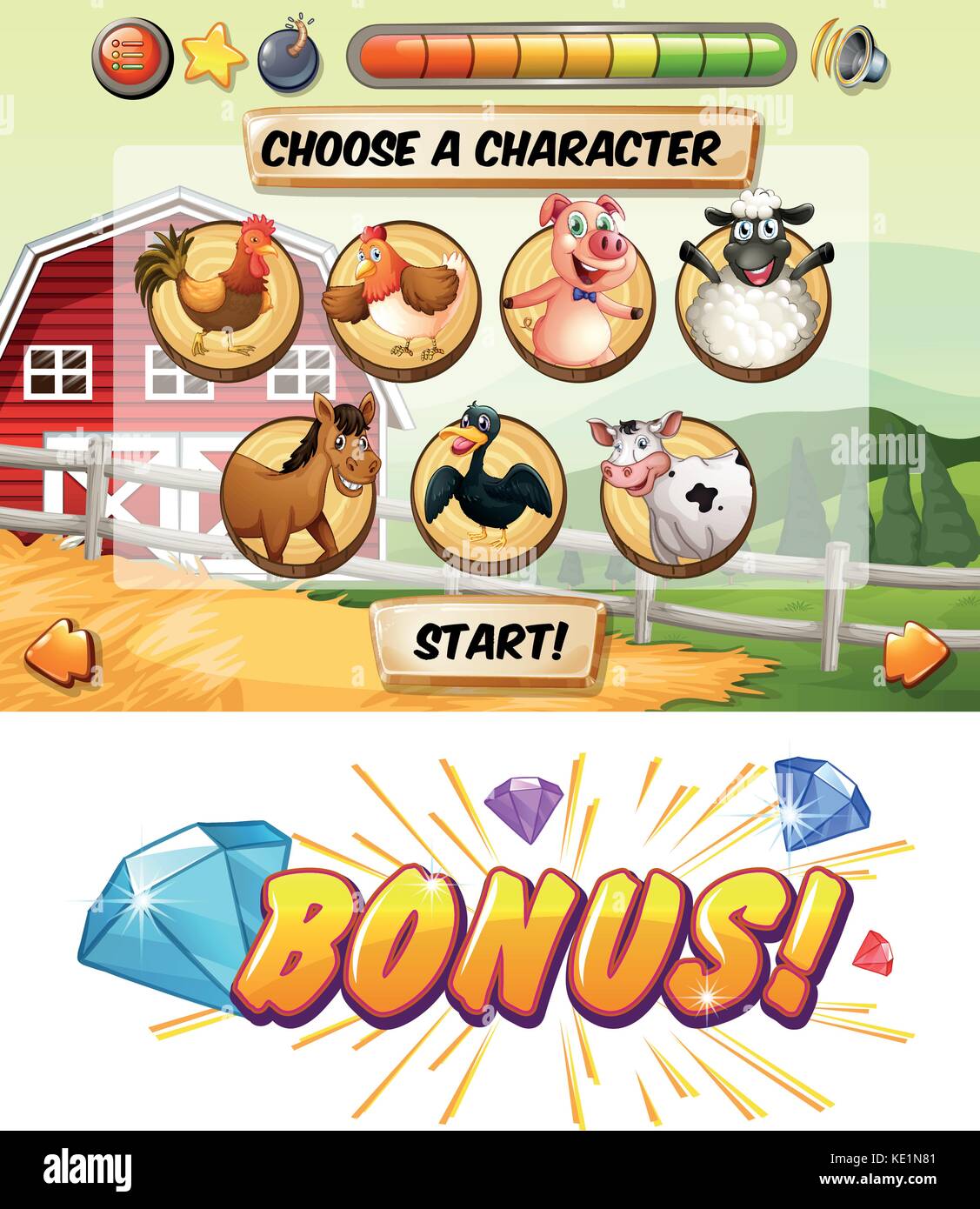 Game template with farm animal characters illustration Stock Vector ...