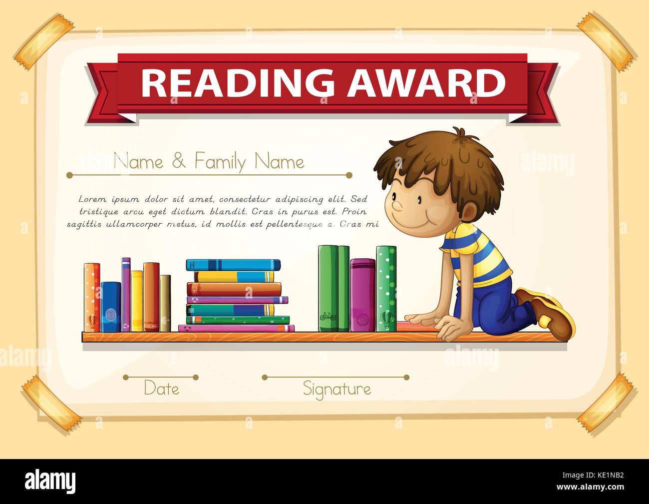 Certification template with boy and books illustration Stock Vector ...