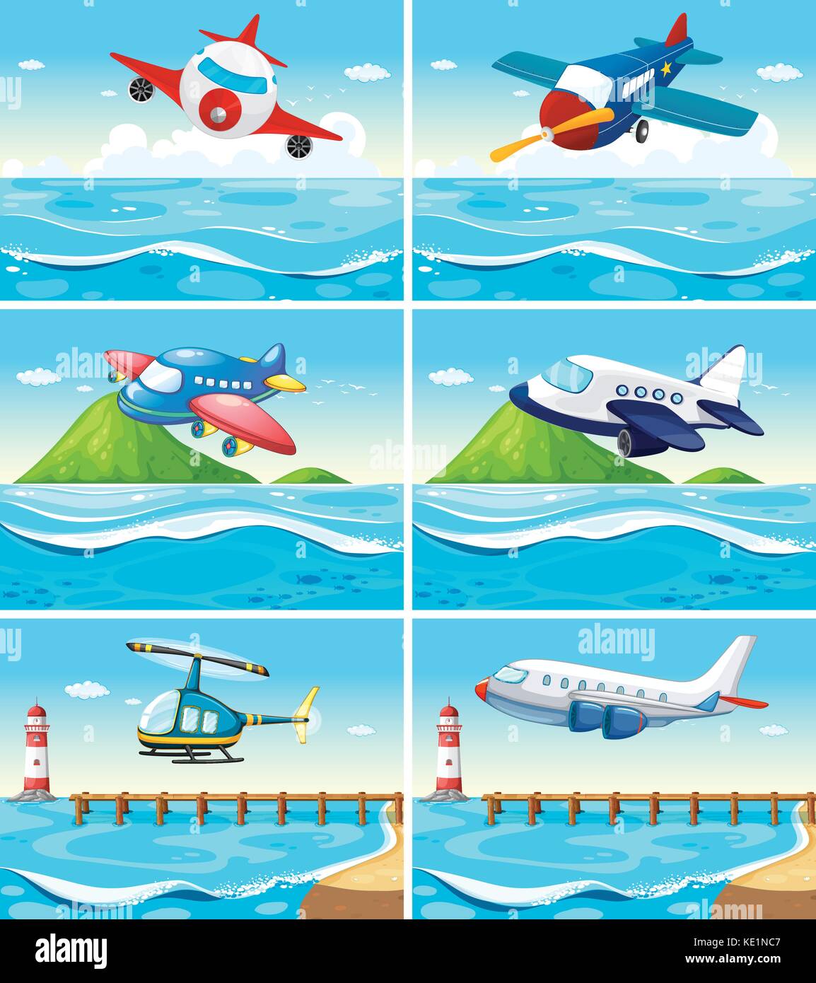 Airplanes and helicopters over the ocean illustration Stock Vector ...