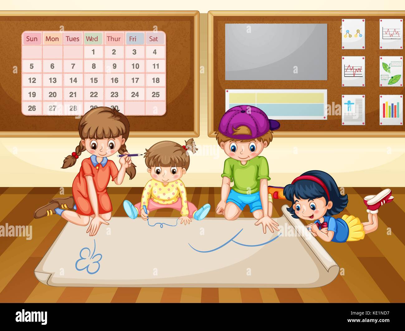 Children drawing on paper in classroom illustration Stock Vector Image ...