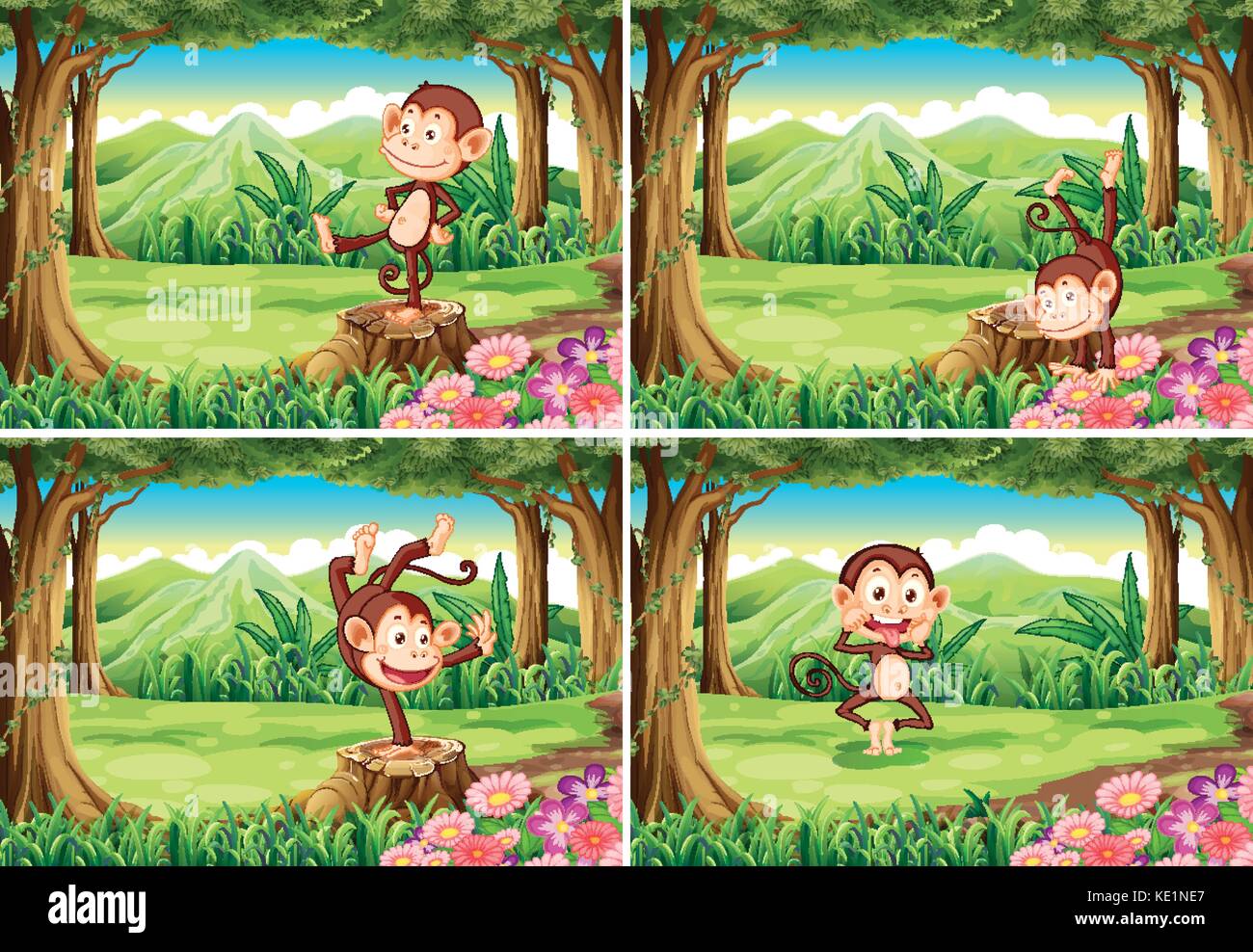 Four scenes of monkeys in the park illustration Stock Vector Image ...