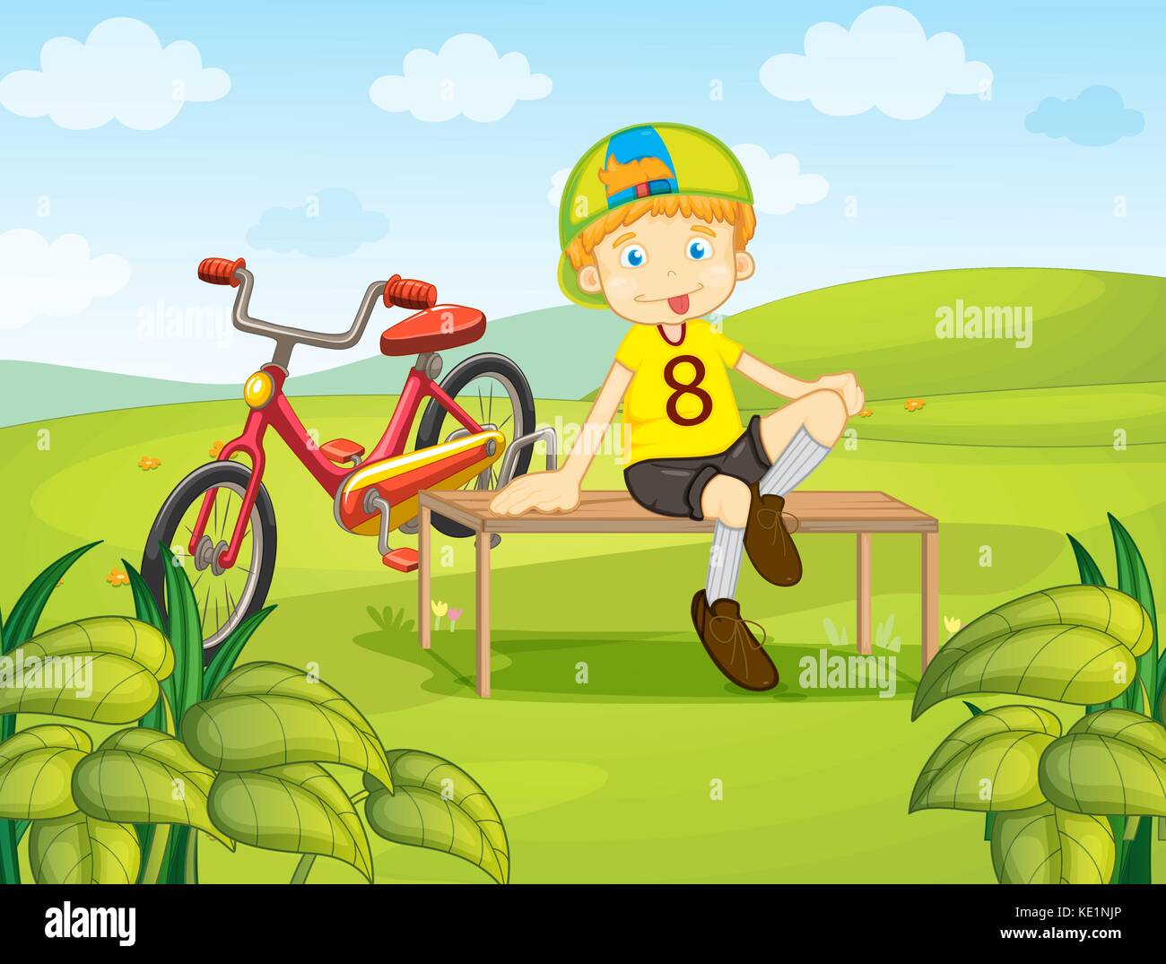 Boy sit on bench in the park illustration Stock Vector Image & Art - Alamy