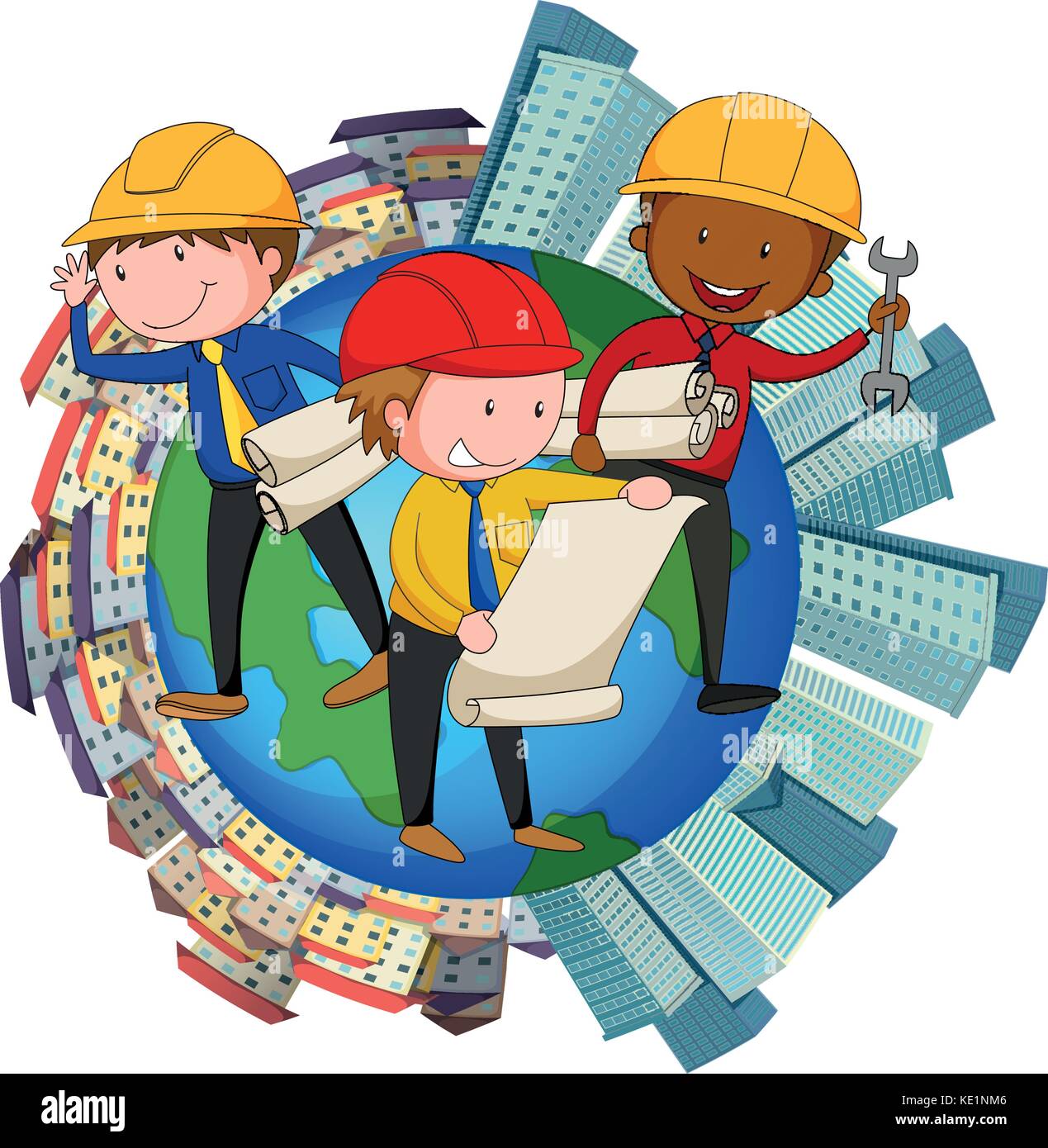 Engineers and buildings around the world illustration Stock Vector ...