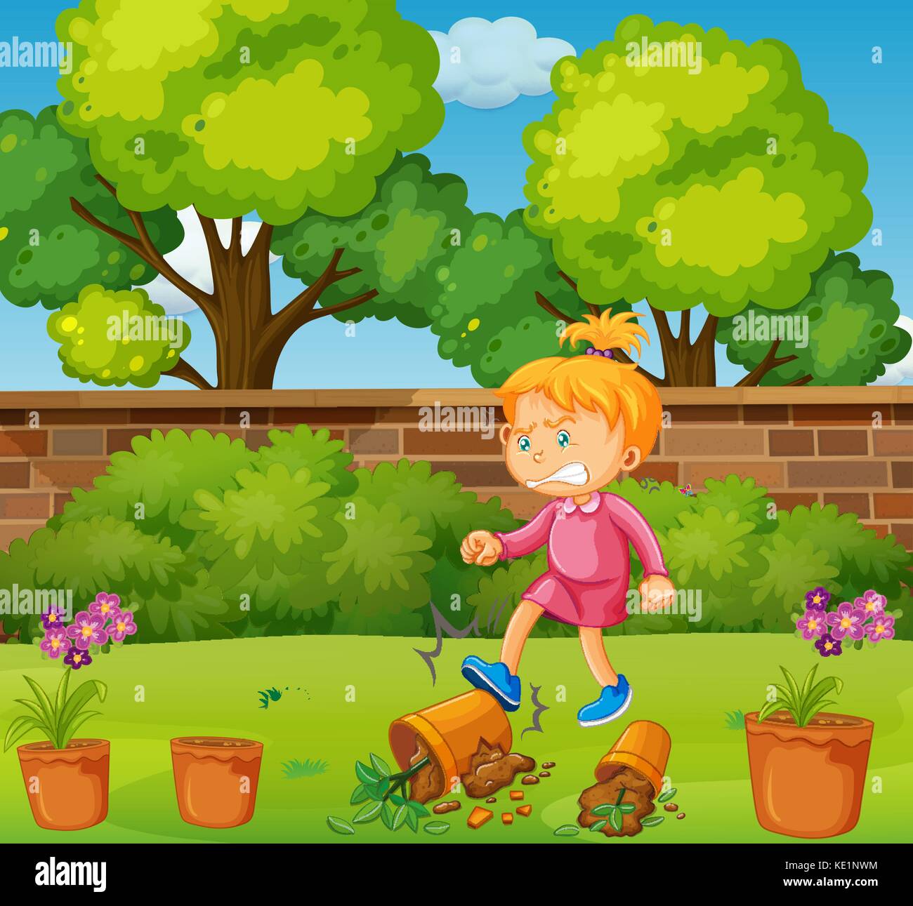 Angry girl kicking potted plants in the garden illustration Stock ...