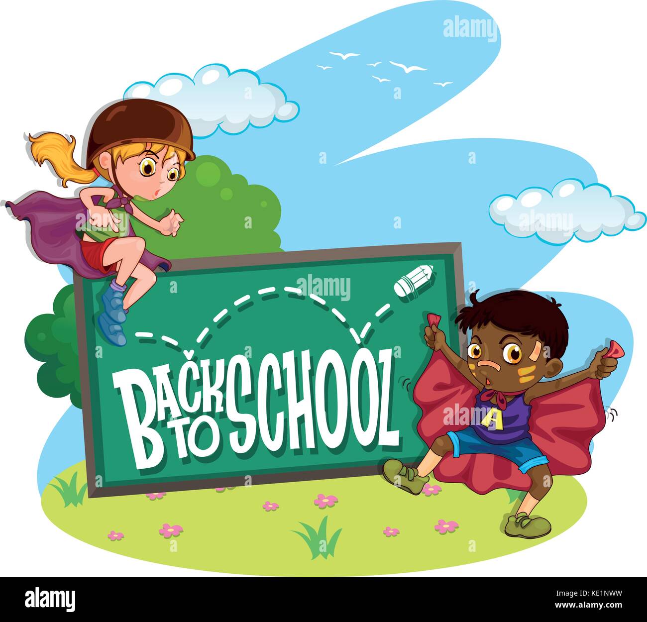 Kids and back to school sign illustration Stock Vector Image & Art - Alamy