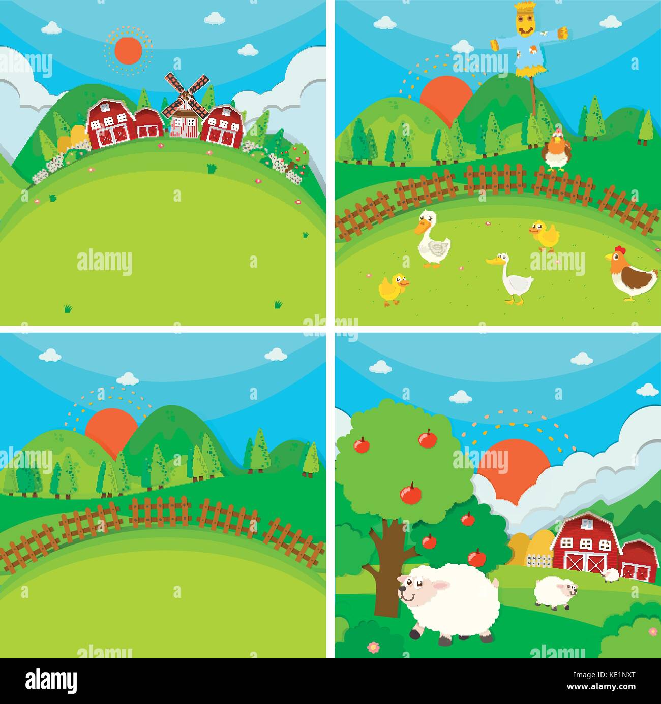 Four scenes of farmland with barn and animals illustration Stock Vector ...