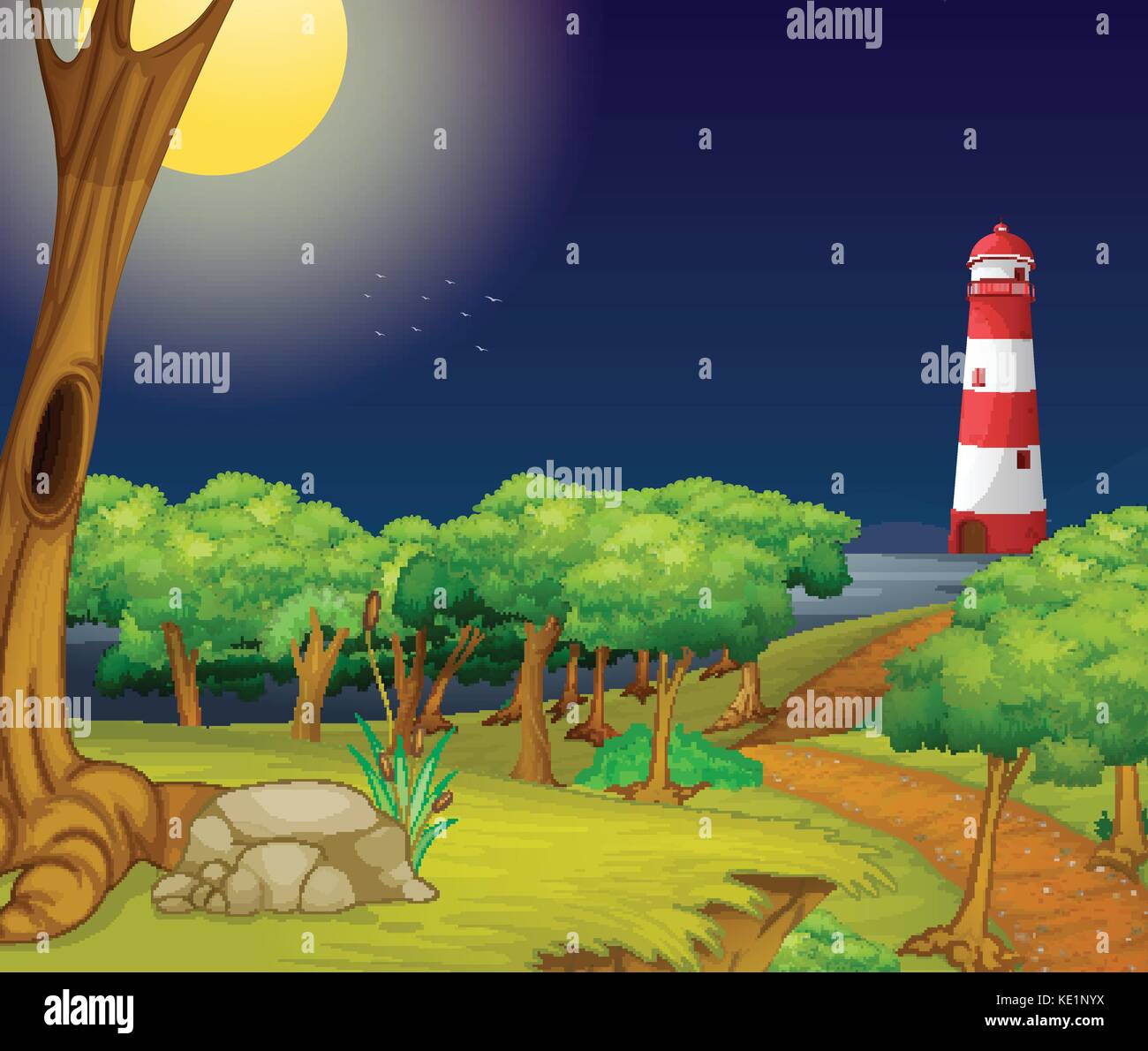 Nature scene with lighthouse at night illustration Stock Vector Image ...
