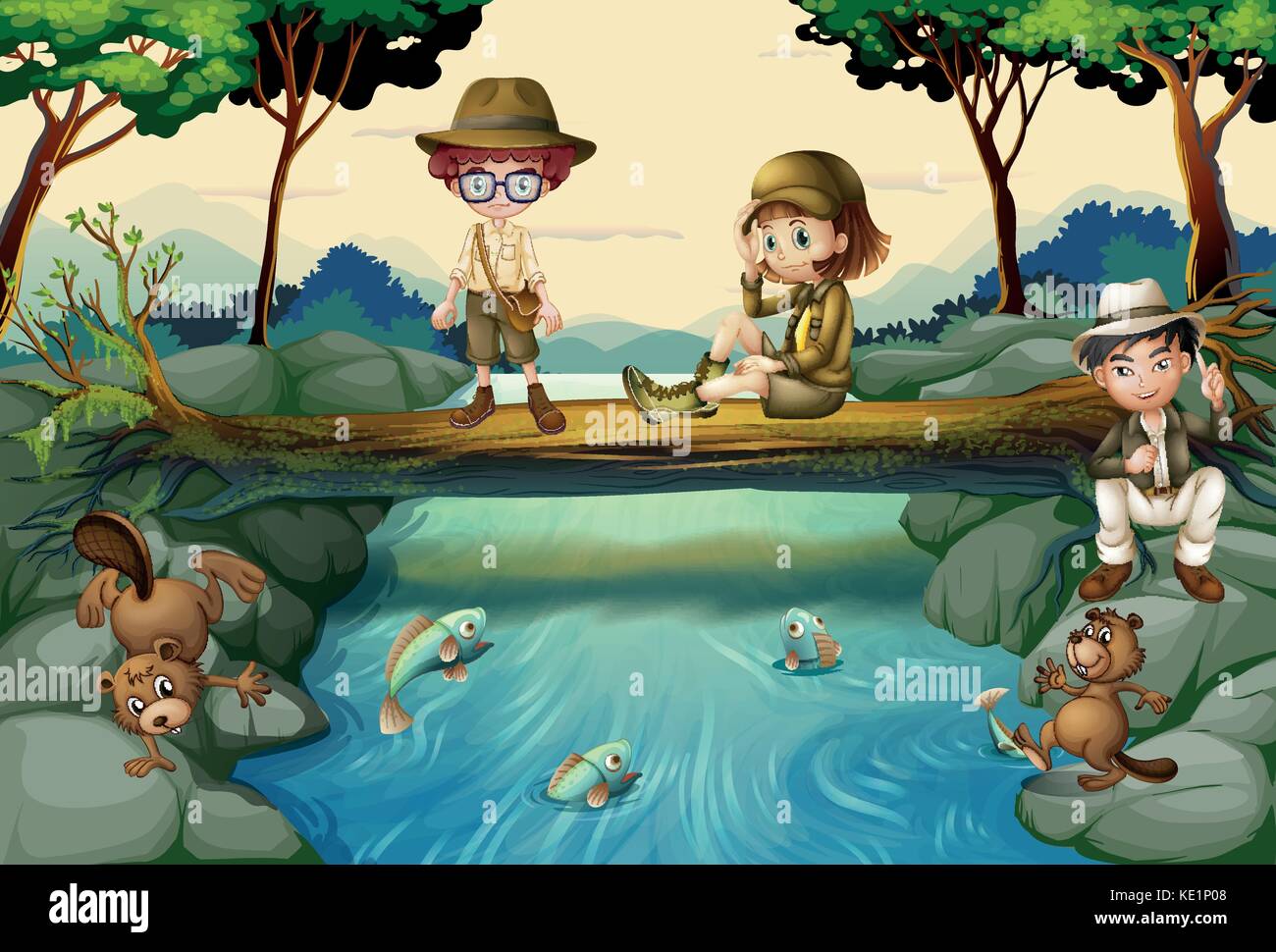 Scene with children at river illustration Stock Vector Image & Art - Alamy