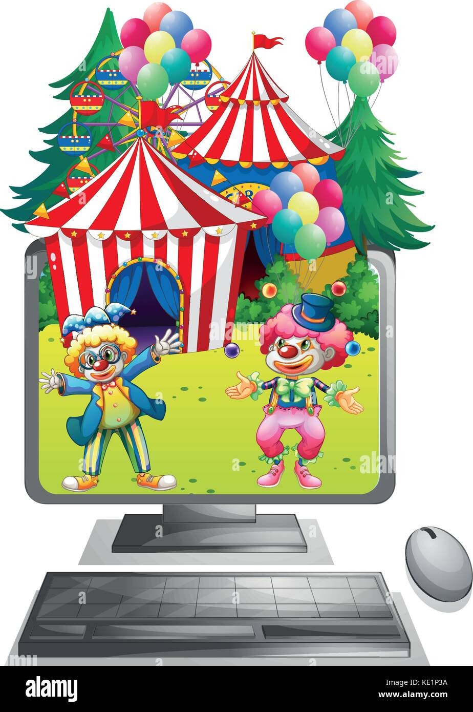 Computer screen with clowns at the circus illustration Stock Vector ...