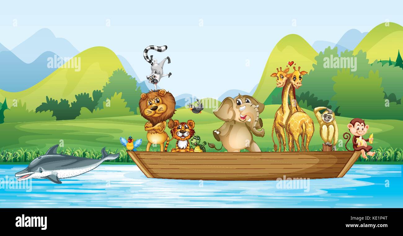 Wild animals on the wooden boat illustration Stock Vector Image & Art ...