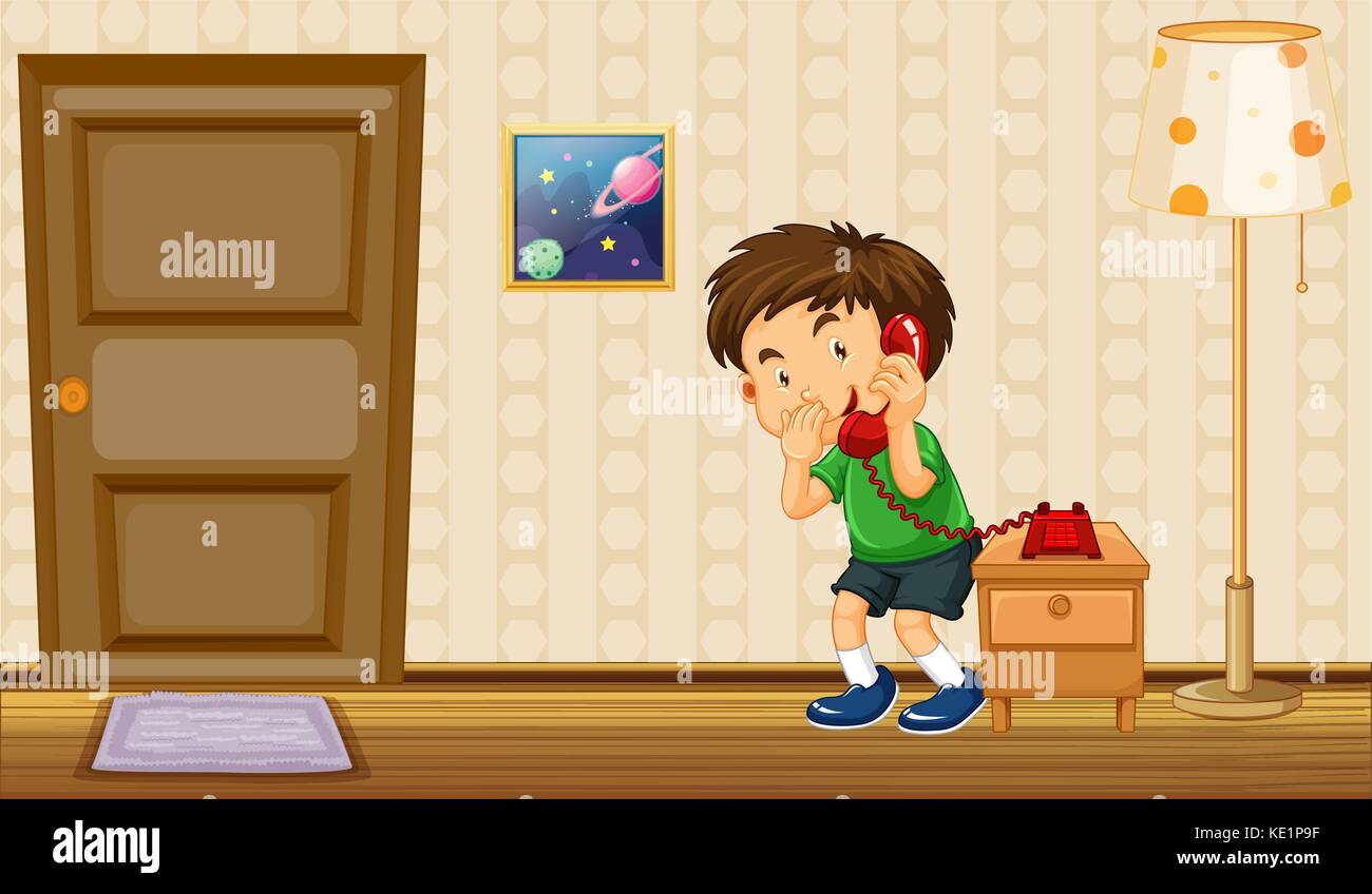 Boy making phone call at home illustration Stock Vector Image & Art - Alamy