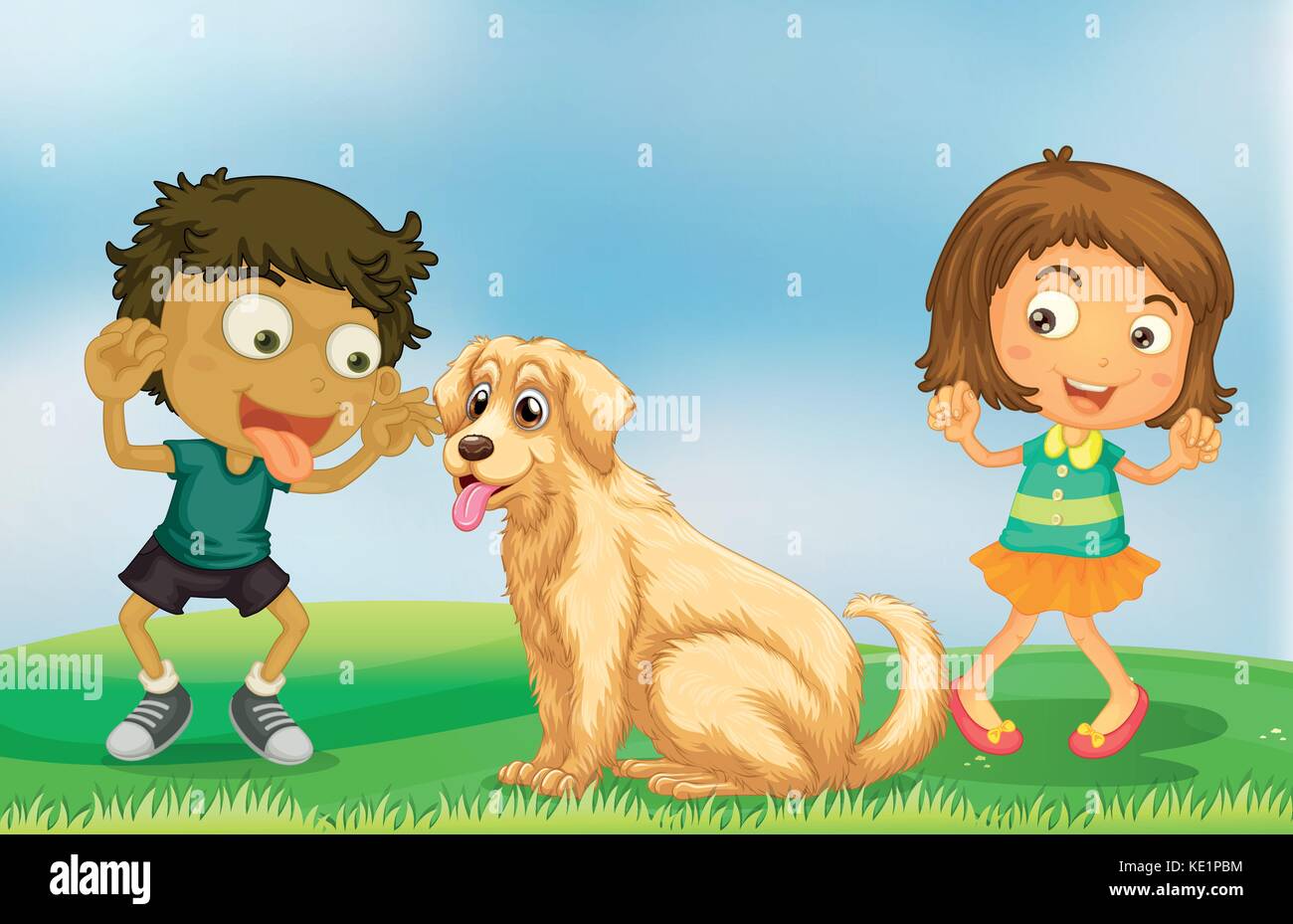 Girl and boy playing with pet dog illustration Stock Vector Image & Art ...