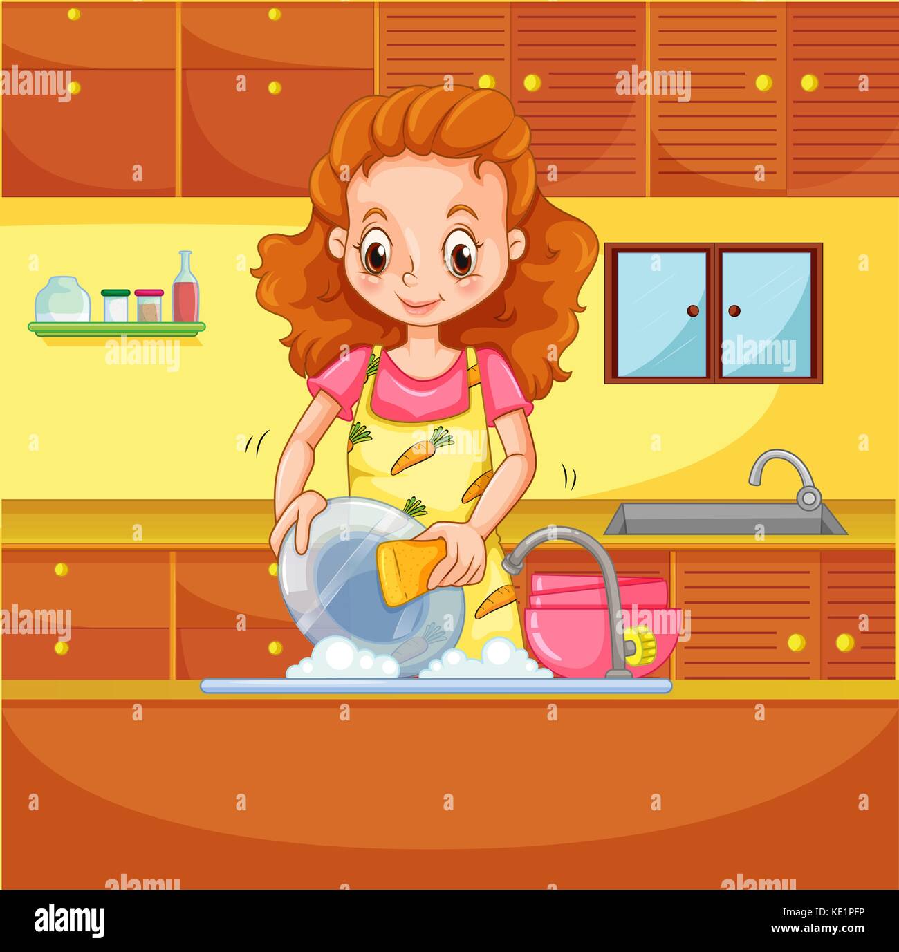 Girl doing dishes in the kitchen Stock Vector Image & Art - Alamy