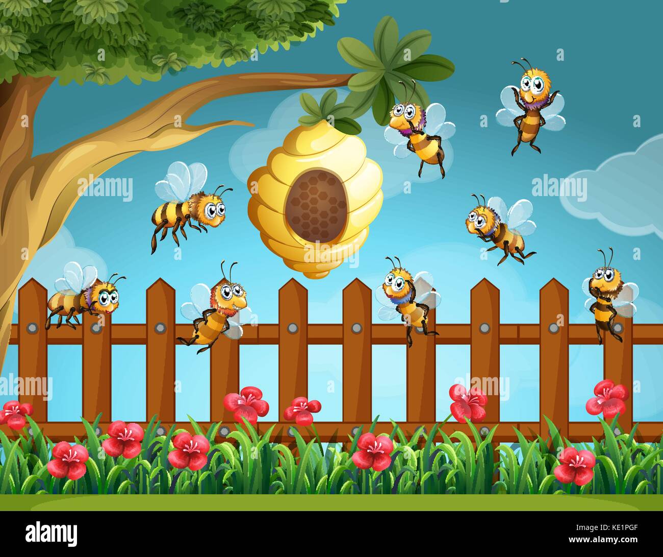 Bees flying around beehive in the garden illustration Stock Vector ...
