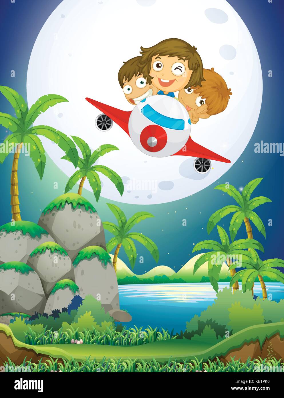 Children riding airplane over the park illustration Stock Vector Image ...