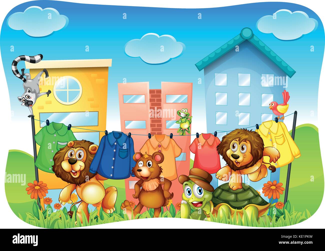 Animals doing laundry outside illustration Stock Vector Image & Art - Alamy