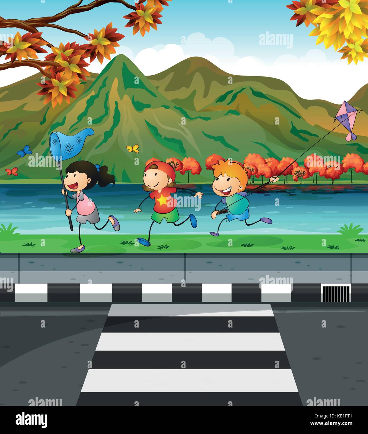 Three kids playing on the pavement illustration Stock Vector Image ...