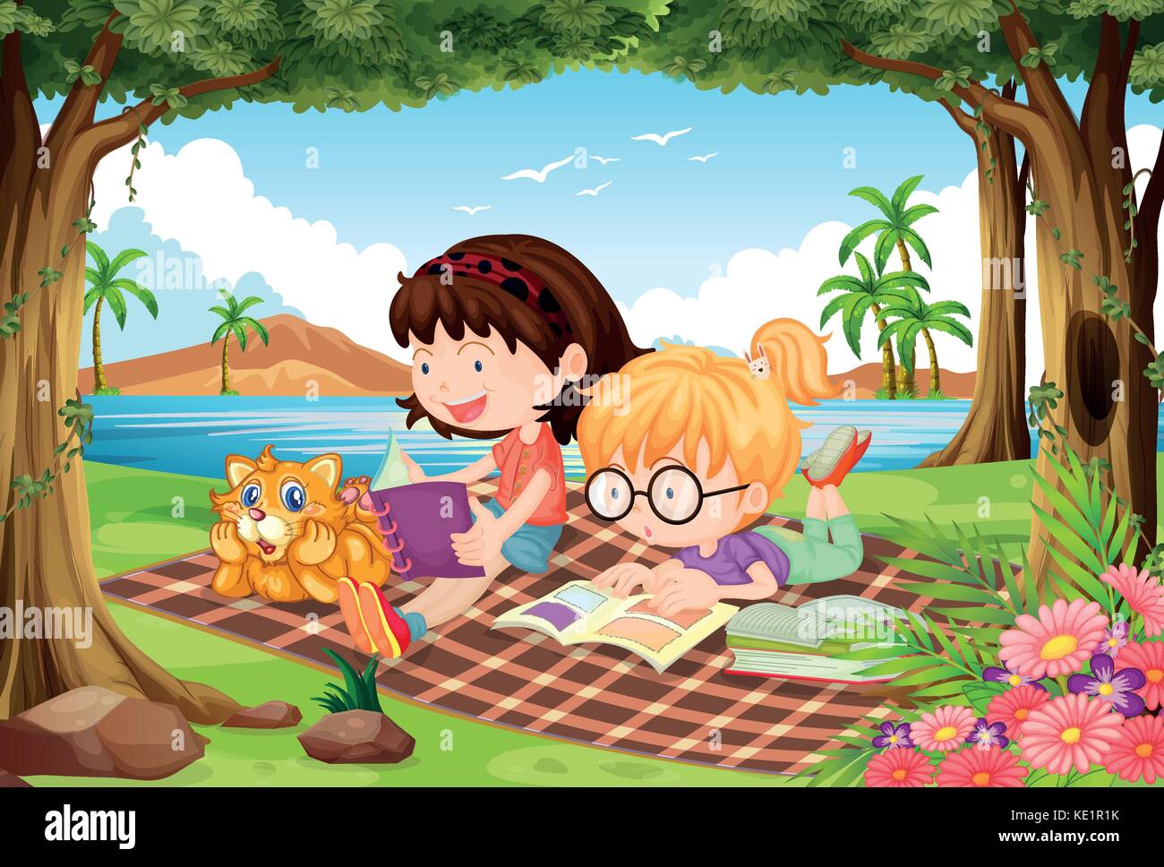 Children reading books under tree Stock Vector Images - Alamy