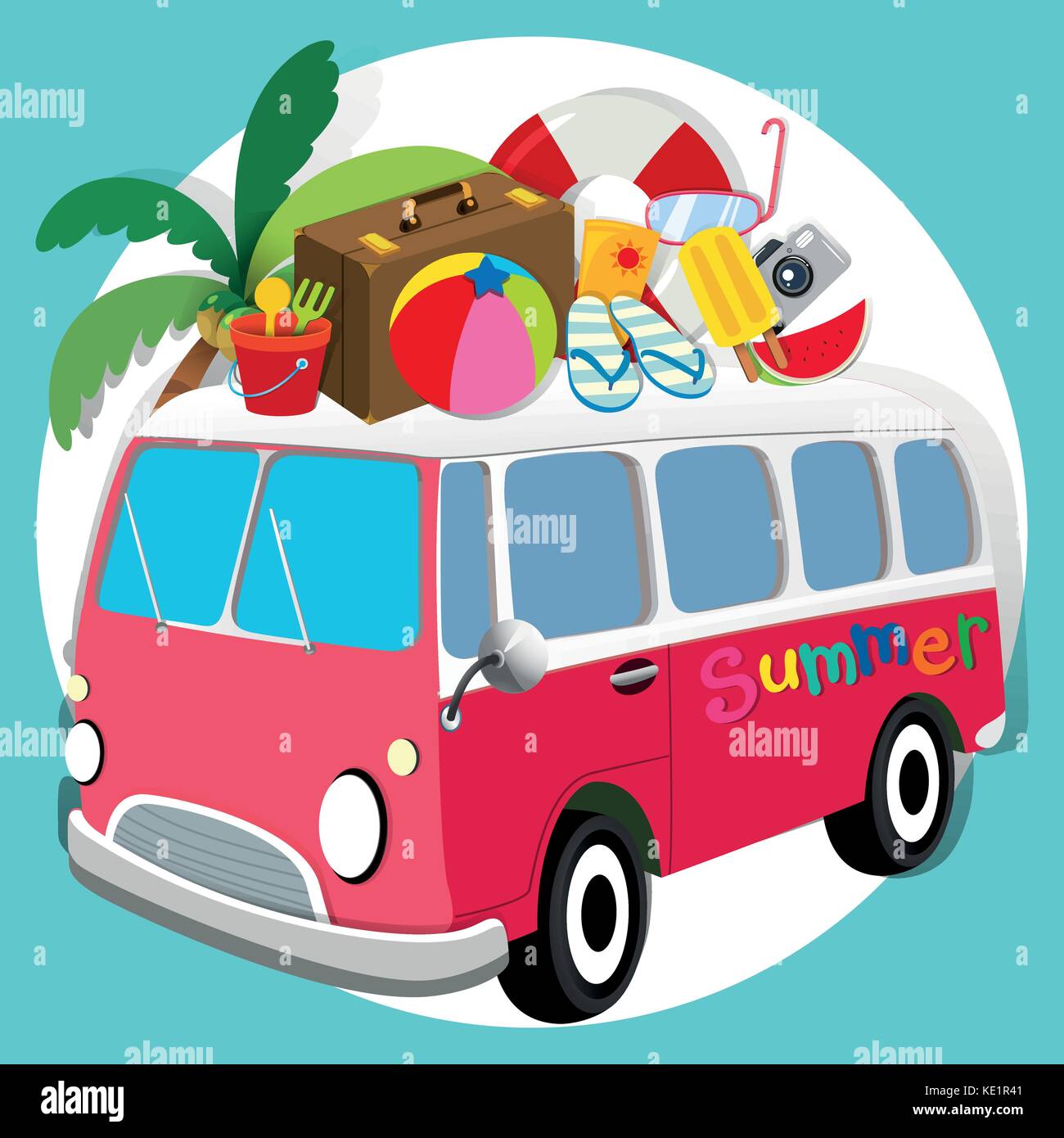 Summer theme with van loaded with things illustration Stock Vector ...
