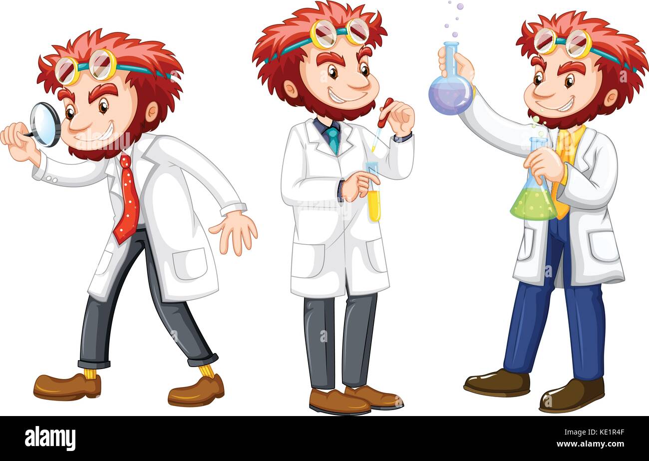 Three posts of male scientists in white gown illustration Stock Vector ...