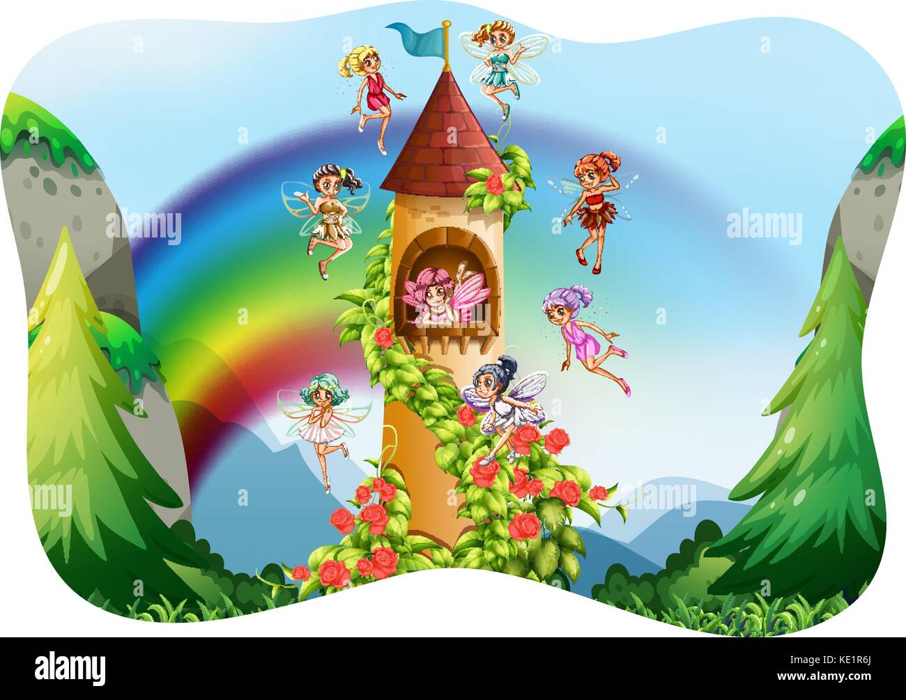 Fairies flying around the castle illustration Stock Vector Image & Art ...