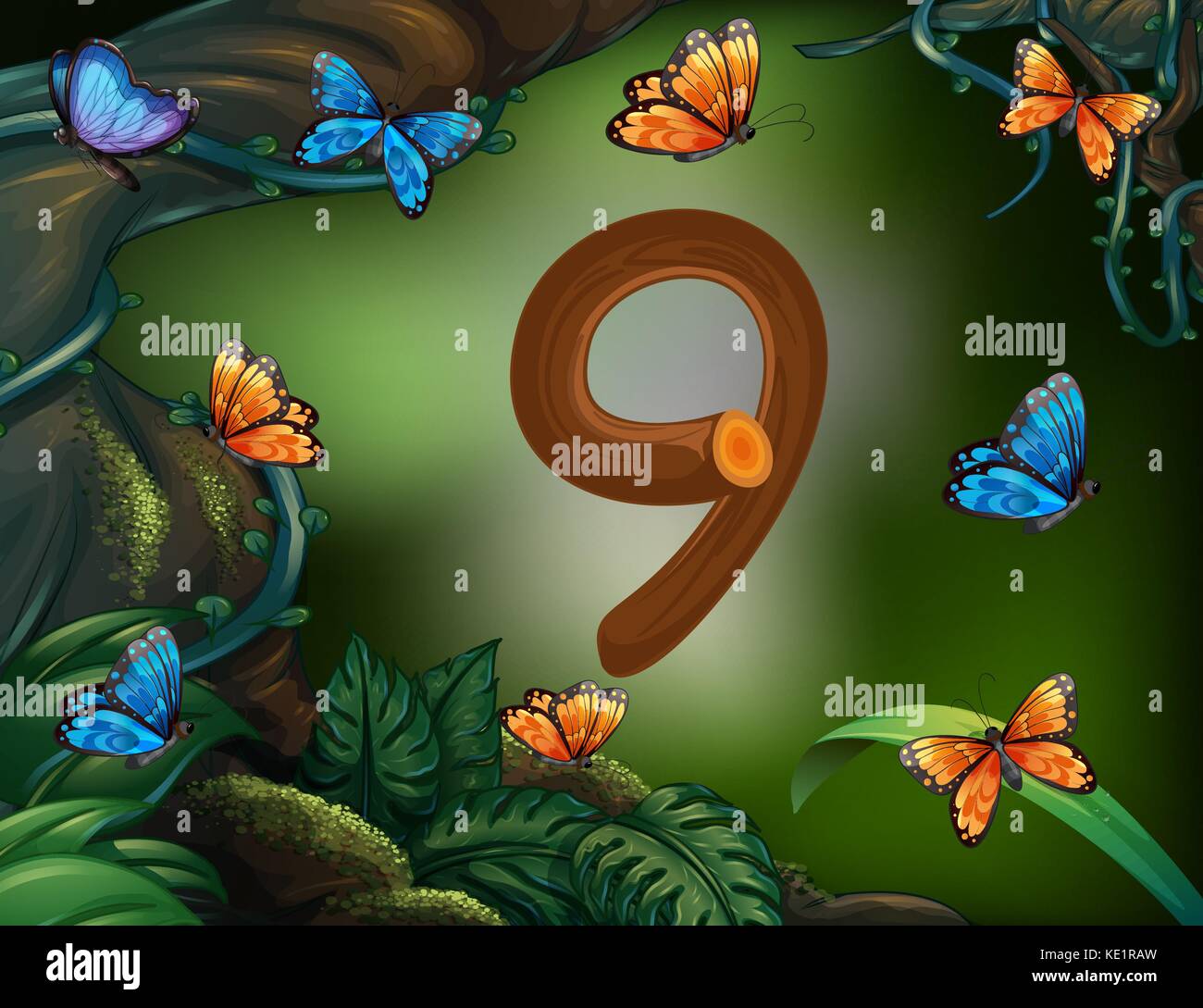 Number nine with 9 butterflies in the garden illustration Stock Vector ...