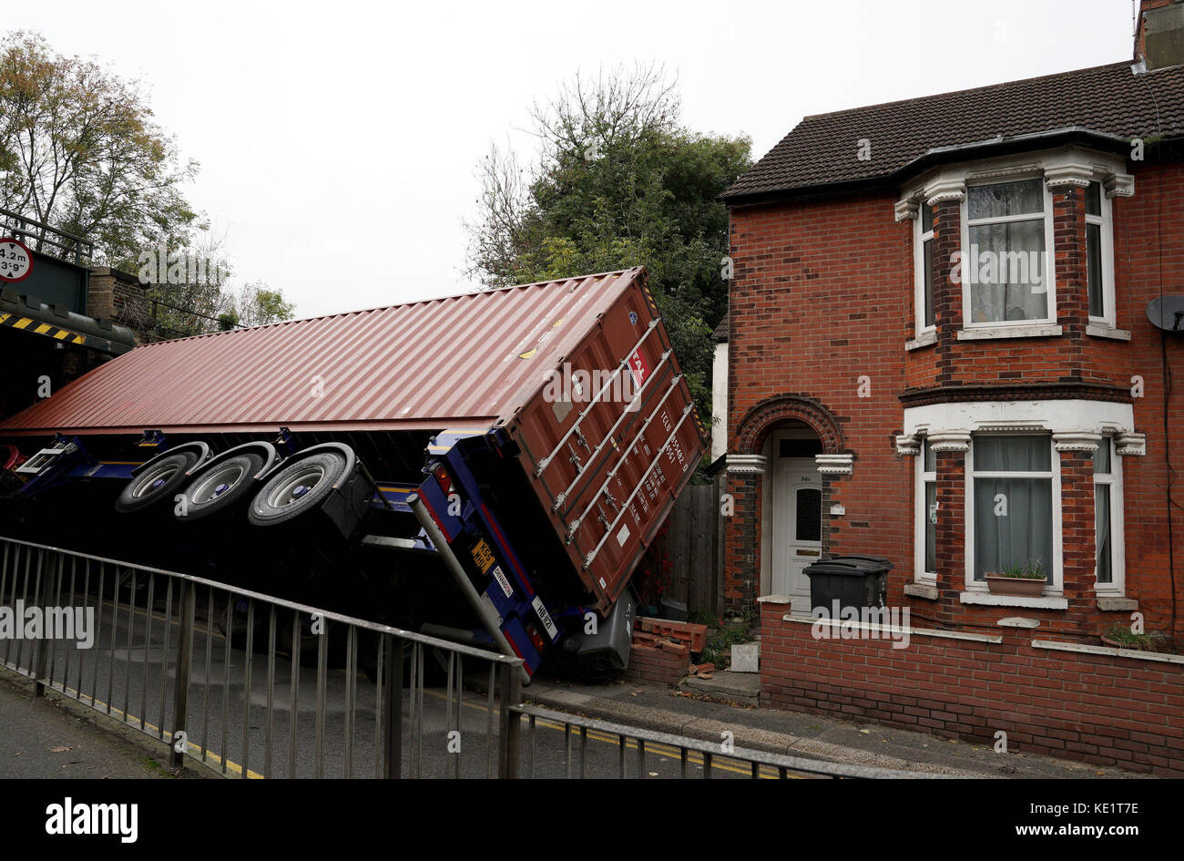 An articulated lorry which hit a bridge in Coombe Valley Road, Dover ...