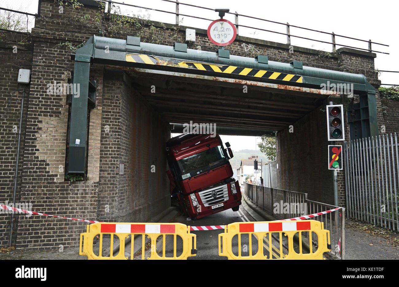 An articulated lorry which hit a bridge in Coombe Valley Road, Dover ...