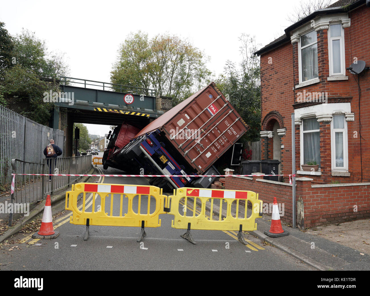 An articulated lorry which hit a bridge in Coombe Valley Road, Dover ...