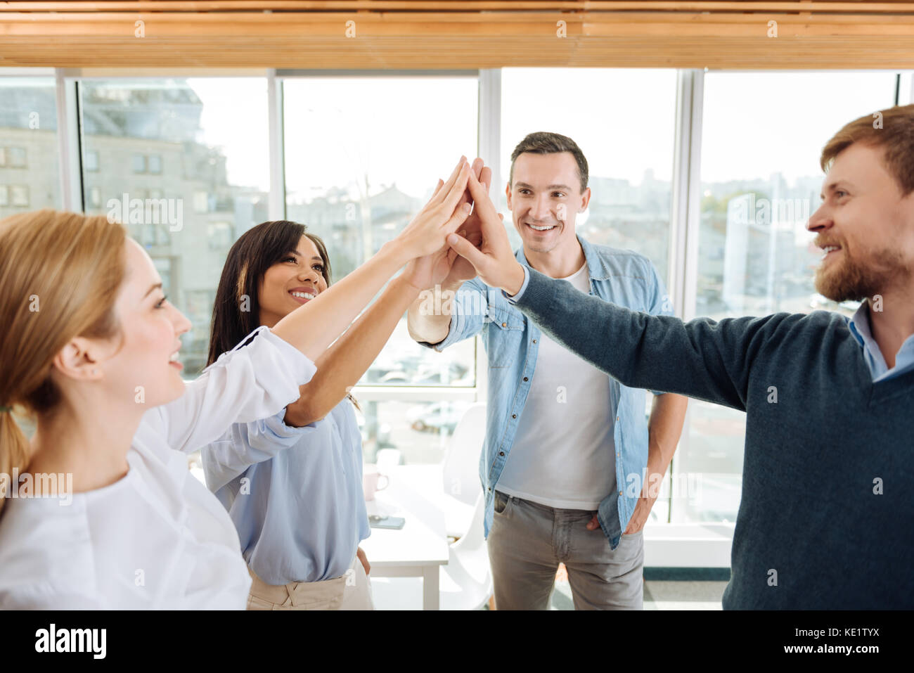Delighted colleagues touching their hands Stock Photo - Alamy
