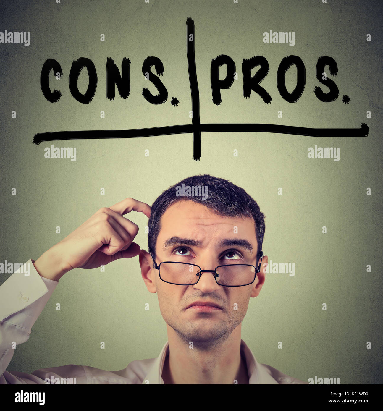 pros and cons, for and against argument concept. Young business man ...