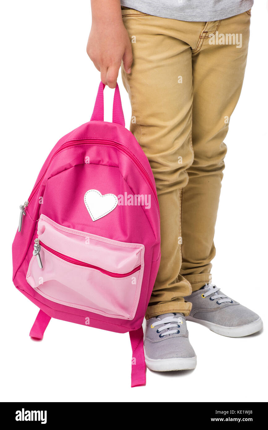 cropped shot of schoolboy holding pink backpack isolated on white Stock ...
