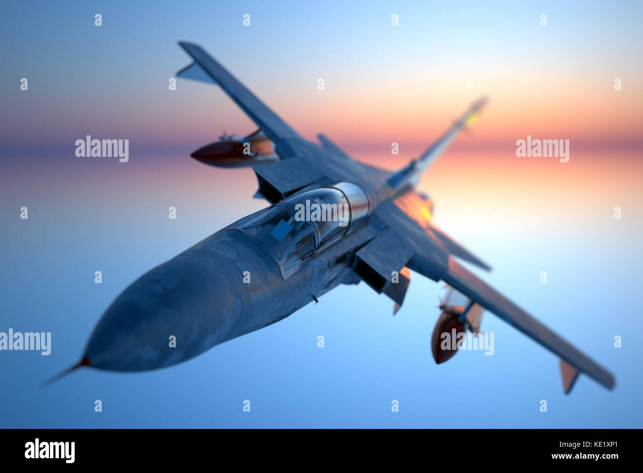 Fighter jet banking left with sunset behind Stock Photo - Alamy