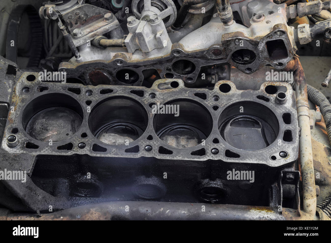 The cylinder block of the four-cylinder engine. Disassembled motor ...