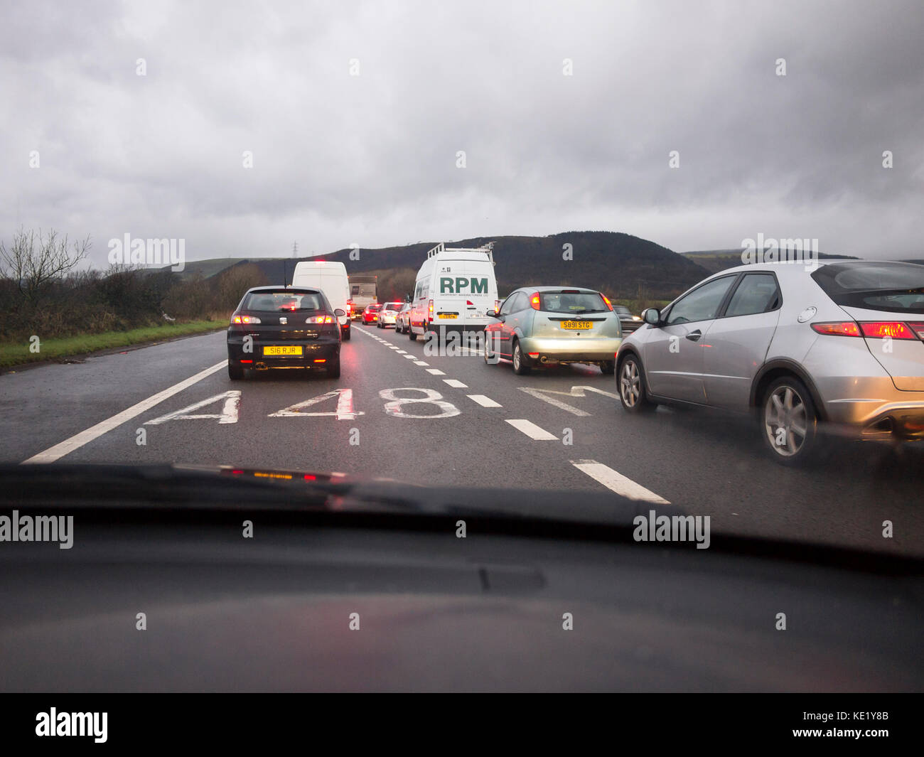 bad weather traffic jam on A48 road Stock Photo - Alamy