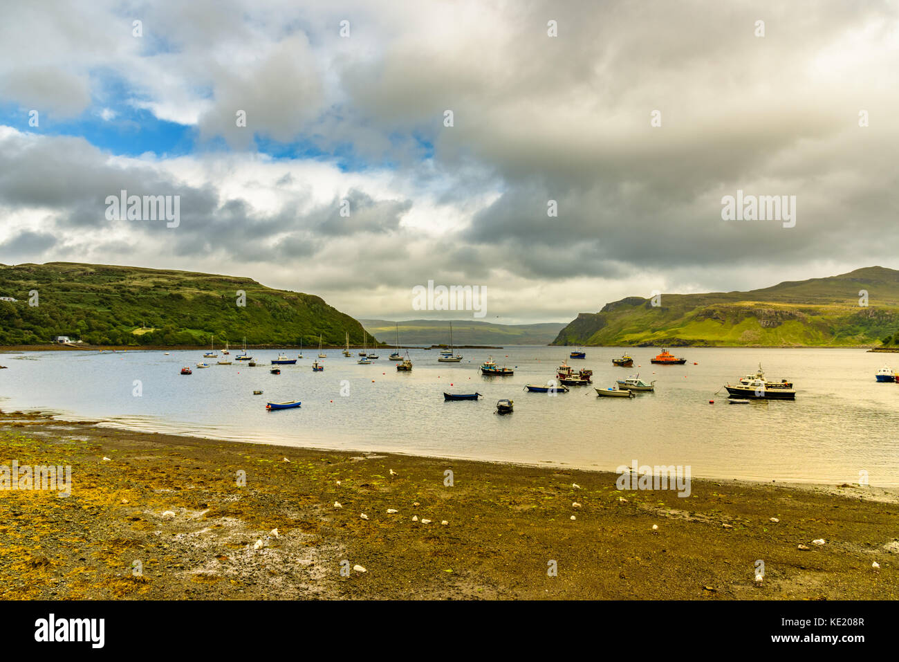 PORTREE, SCOTLAND - AUGUST 11, 2017 - View, with some boats, of Portree ...