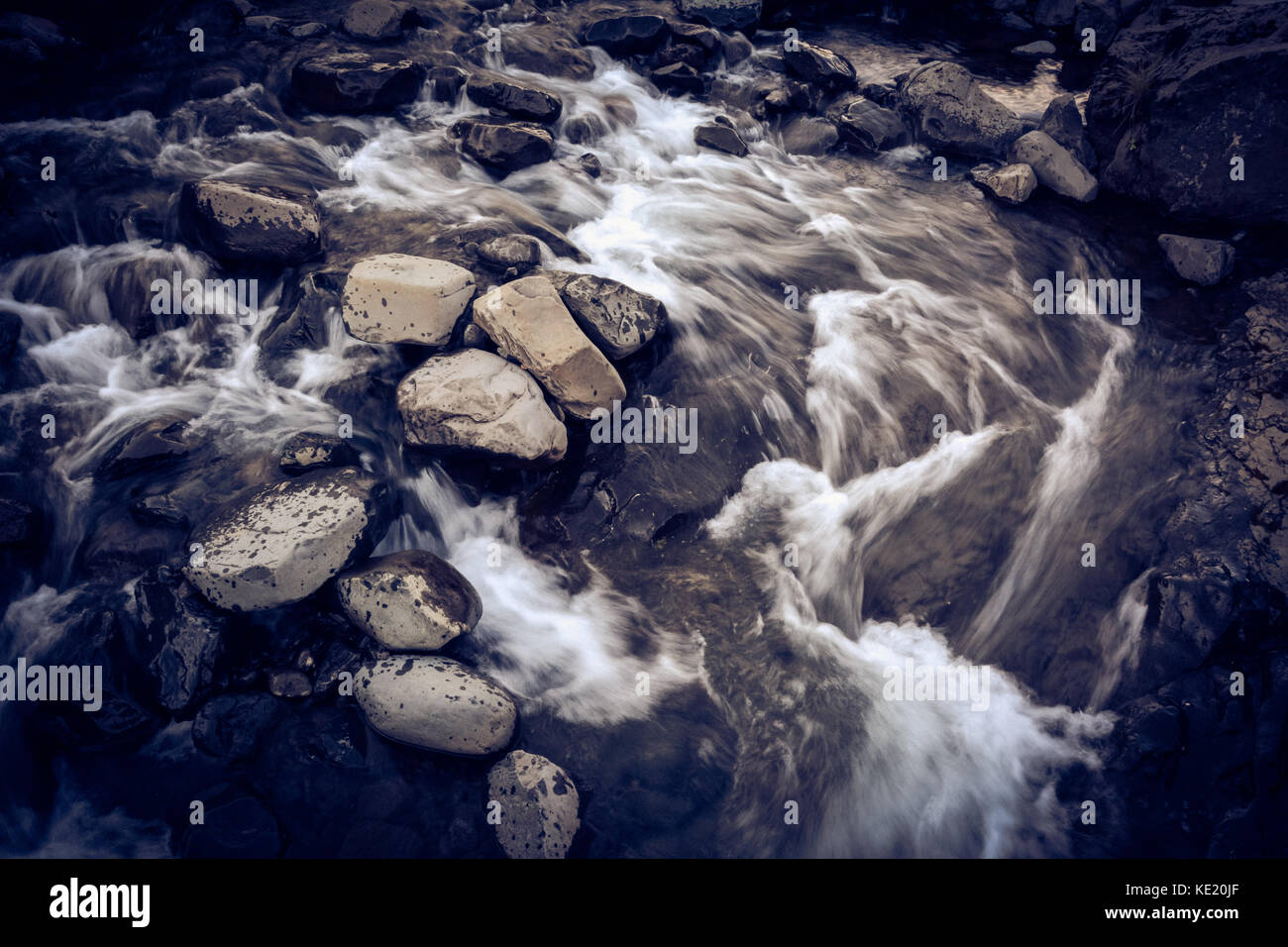 River with rocks in motion blur, vintage look with grain Stock Photo ...