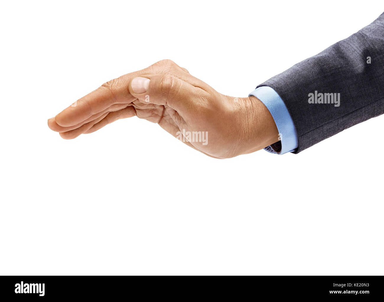 Man's hand in suit sign isolated on white background. Inverted open ...
