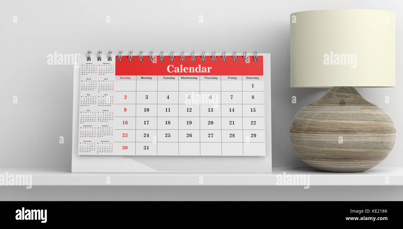 Desk calendar and a table lamp isolated on white background. 3d ...
