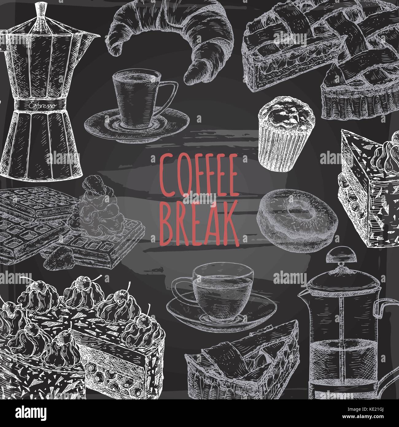 Coffee break template based on hand drawn sketch placed on blackboard ...