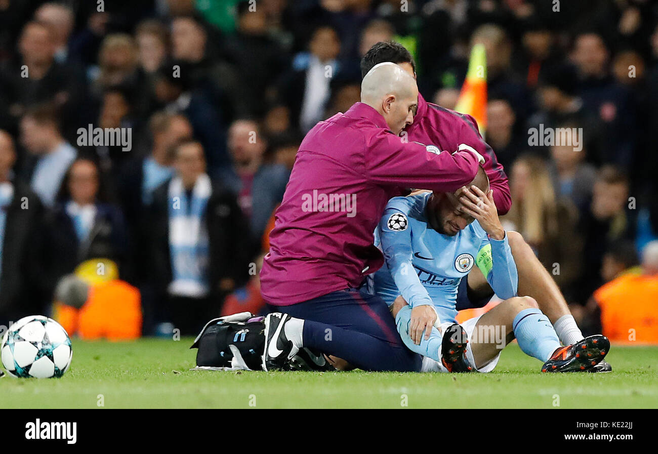 Manchester City's David Silva lays injured on the floor during the UEFA ...