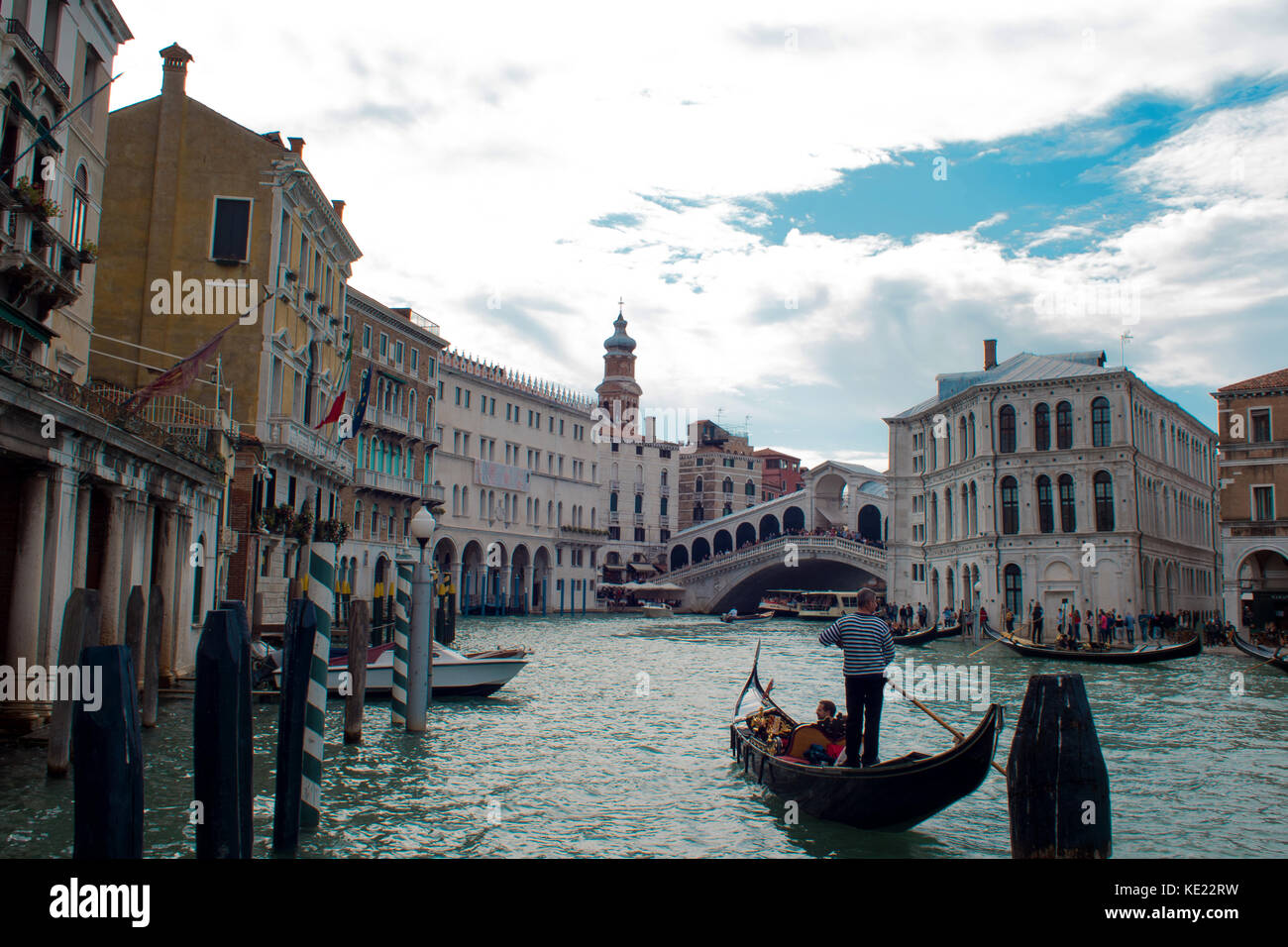 VENICE, ITALY - OCTOBER 8 , 2017: Gondolier floats on the Grand Canal ...
