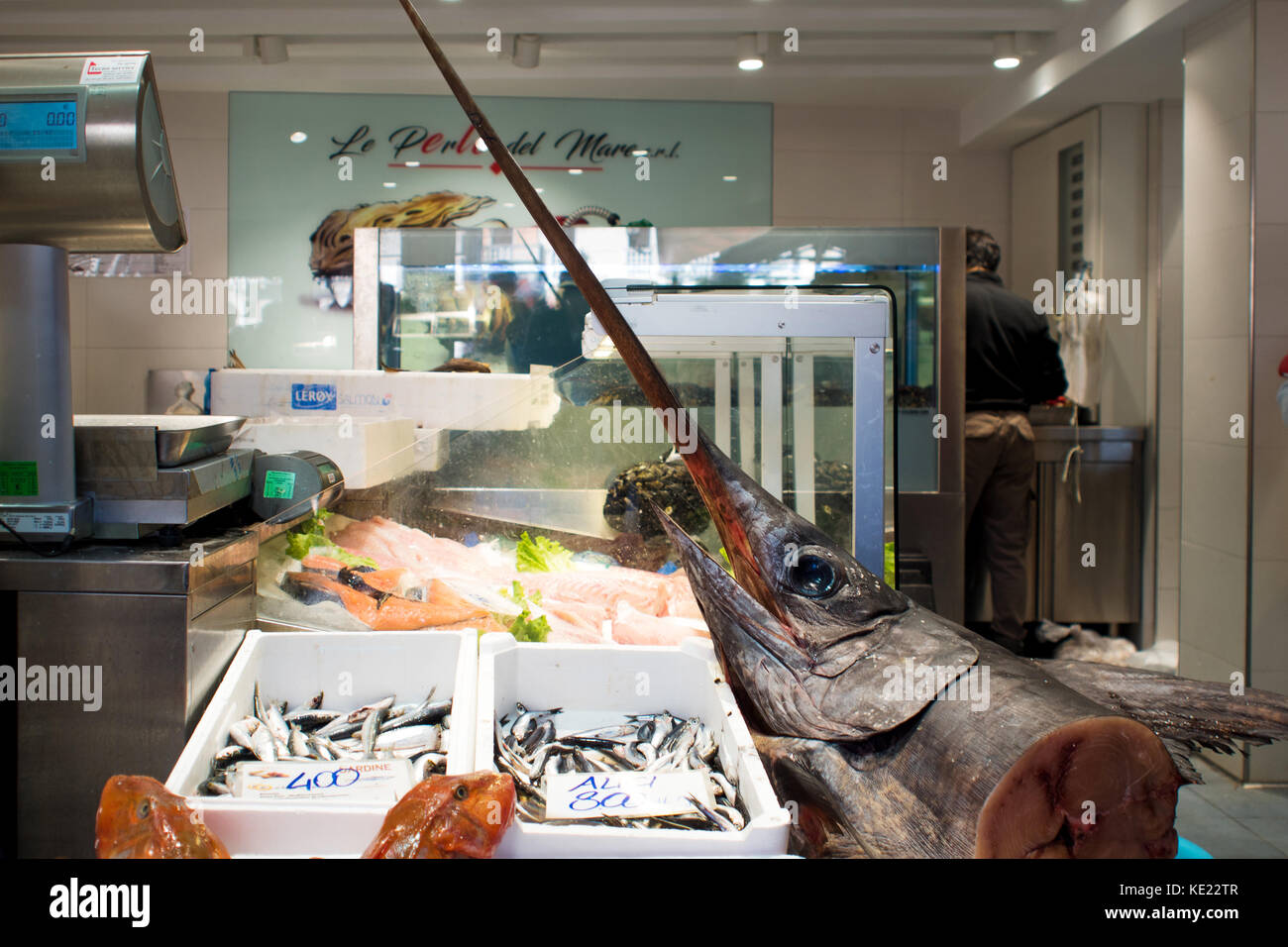 VENICE, ITALY - OCTOBER 7 , 2017: Big swordfish on the market. Fish ...