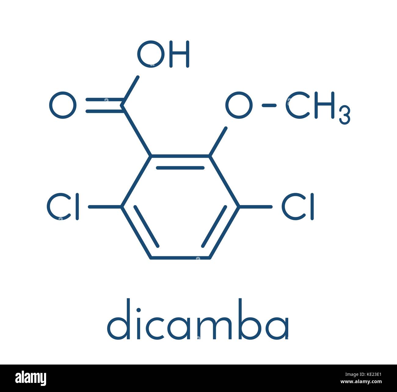 Dicamba herbicide molecule. Used in weed control. Skeletal formula ...