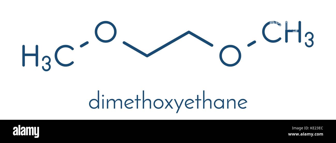 Dimethoxyethane (glyme, DME, dimethylene glycol) chemical solvent molecule. Skeletal formula ...