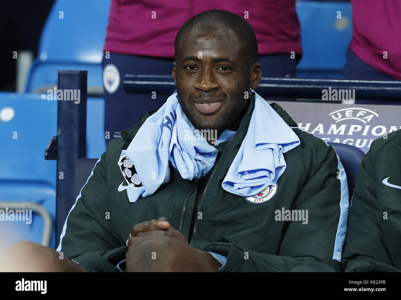 Manchester City's Yaya Toure on the bench during the UEFA Champions ...