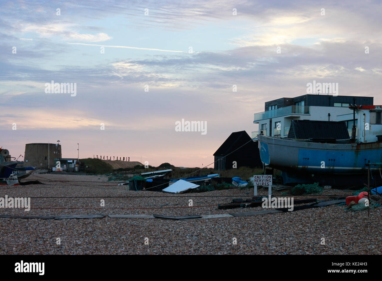 Beach at Hythe, Kent English south coast with Martello Tower, sunset ...