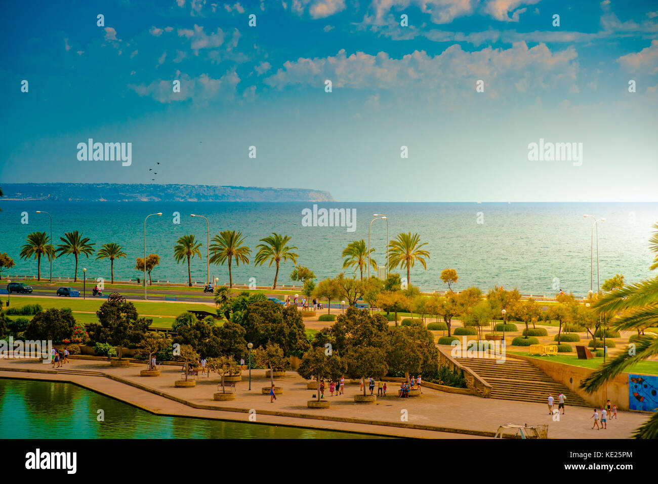 View on the beach of Plama de Mallorca with palm trees, medieval ...
