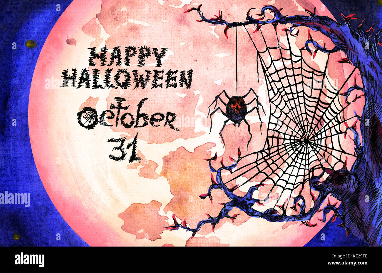Full moon and dark web with spider, Happy Halloween, Hand painted ...